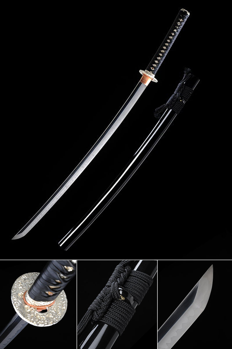 High Carbon Steel Katana Clay Tempered Silvery Wave Tsuba Samurai Kata ...